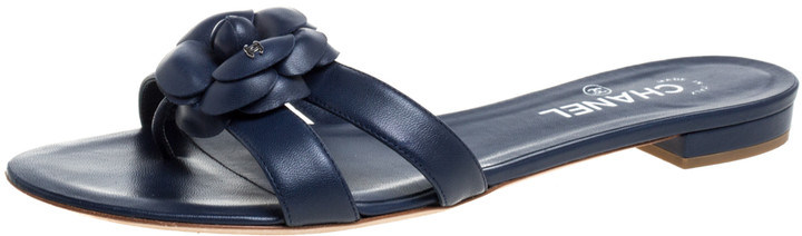 Chanel Blue Leather Camellia Embellished CC Thong Flat Slides Size 41.5 ...