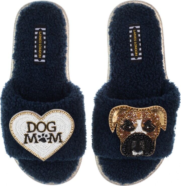 Laines London Teddy Toweling Slippers With Pip The Boxer & Dog Mum /Mom ...