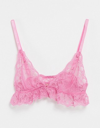 ASOS DESIGN Ellie lace frilly longline bra in pink - ShopStyle
