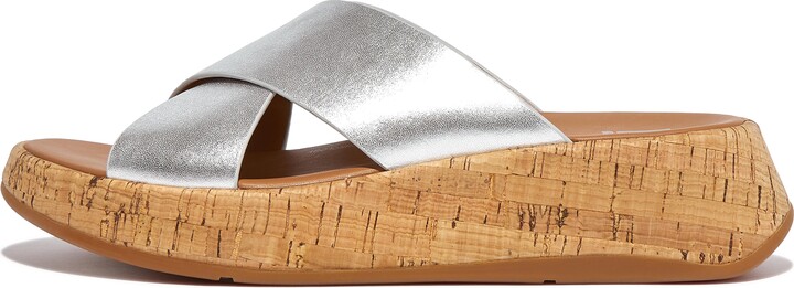 FitFlop F-Mode Metallic Leather/Cork Flatform Cross Slides - ShopStyle