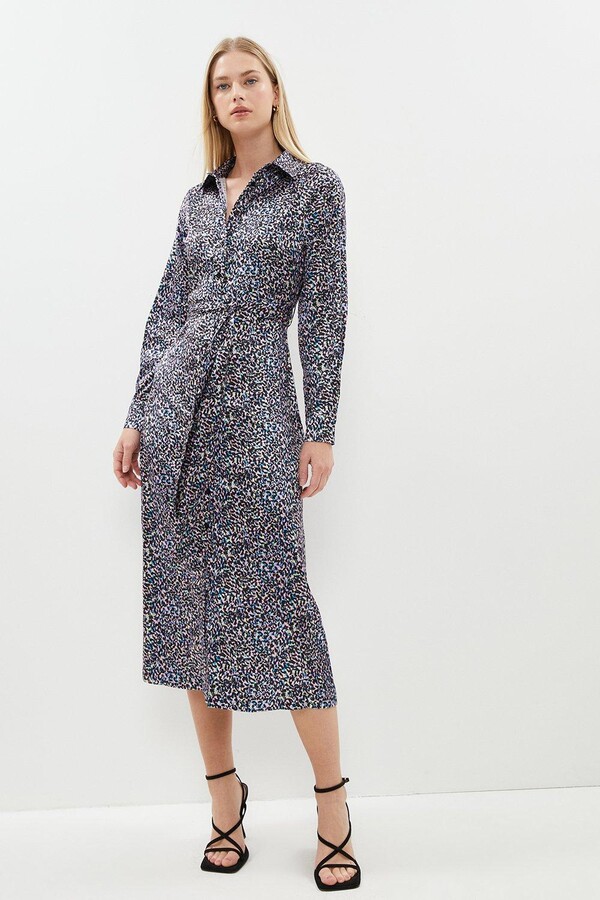 Satin Long Sleeve Midi Column Tie Waist Shirt Dress - ShopStyle