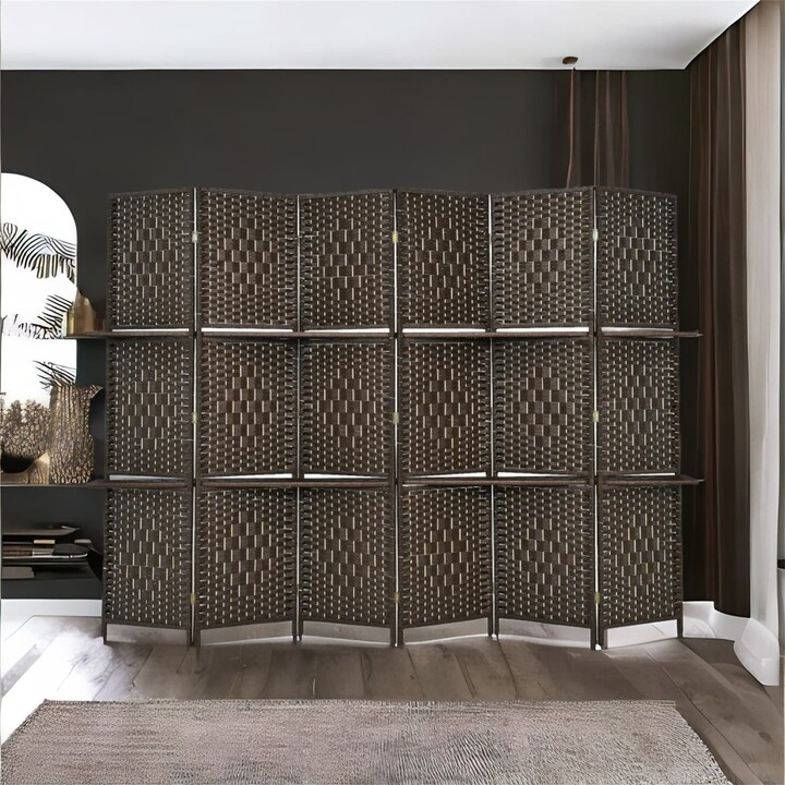 Devera 6 Panel Folding Weave Fiber Room Divider with 2 Display Shelves ...