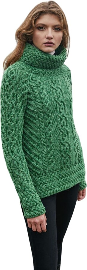 SAOL 100% Merino Wool Irish Fisherman Knitted Funnel Neck Ladies Long ...