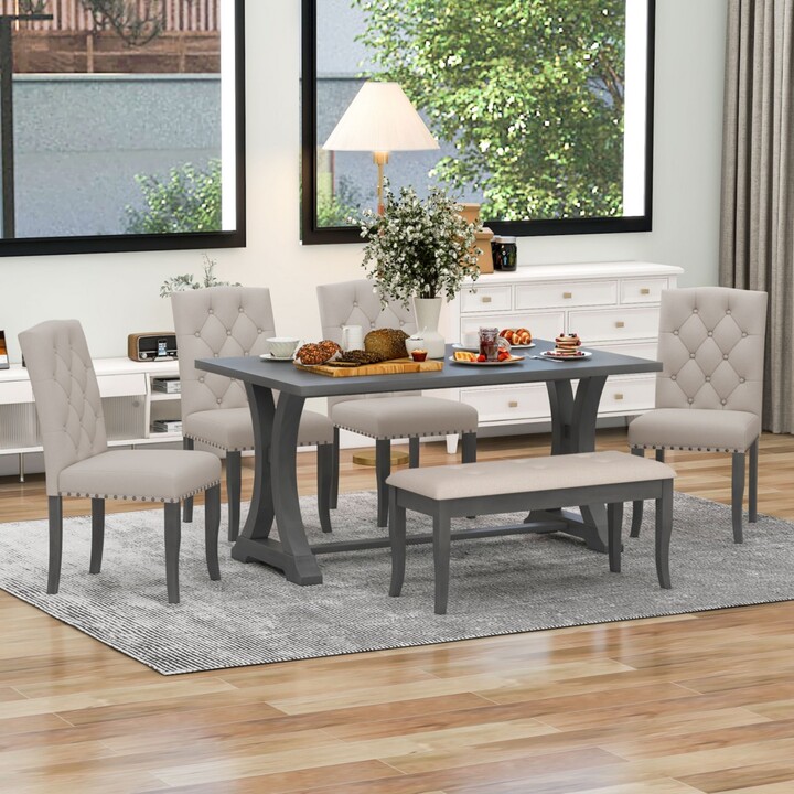 Simplie Fun 6-Piece Farmhouse Dining Table Set, Rectangular Trestle ...