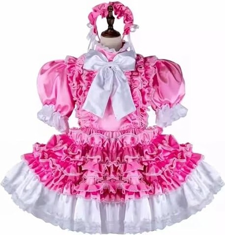 YGZHANYUANOKU Sissy Pink Satin Lockable Dress Maid Cosplay Outfit ...