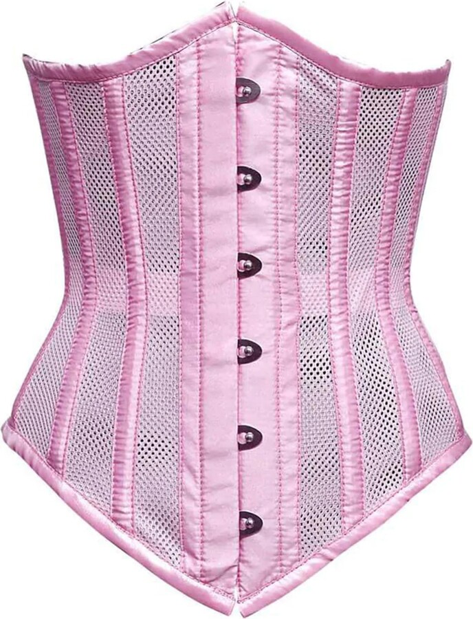 CorsetsNmore Women’s Pink Satin Mesh With Front Silver Busk Long ...