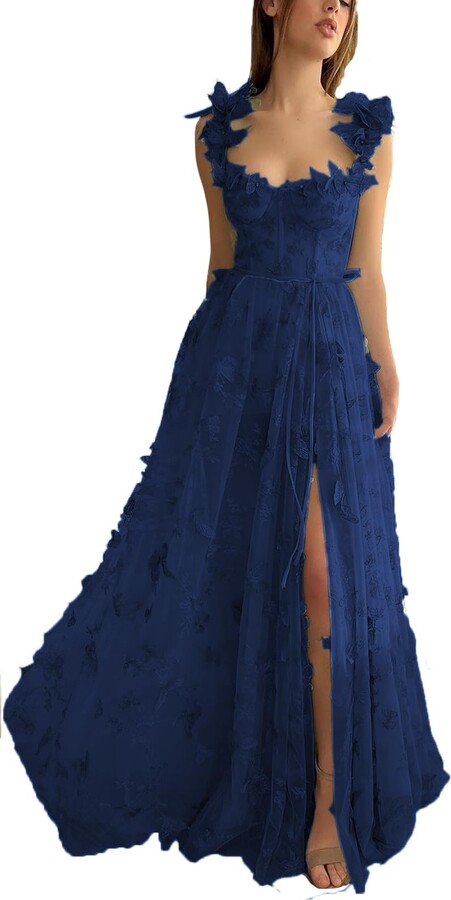 Emmani Women's Tulle 3D Butterfly Lace Applique Prom Dress Spaghetti ...