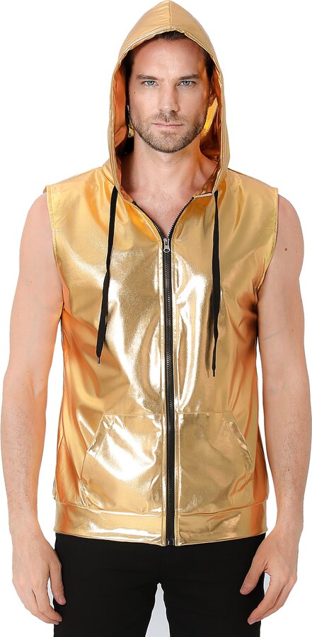 COSAVOROCK Sleeveless Hoodie Zip Up Vest for Men Disco 70s Gold ...