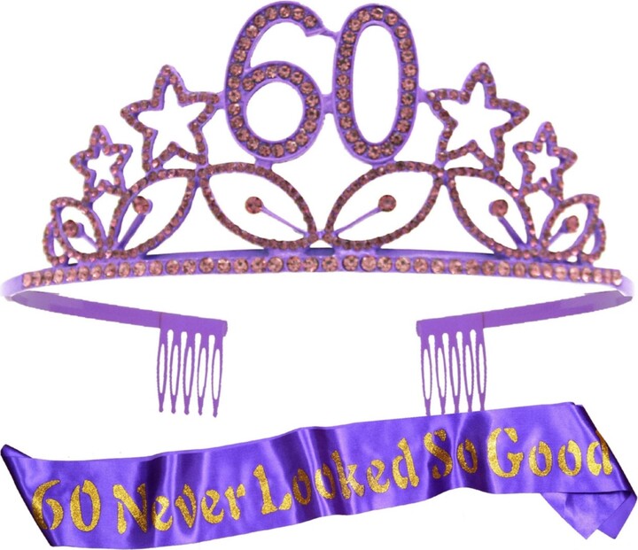 MEANT2TOBE 60th Birthday Sash and Tiara for Women - Fabulous Glitter Sash + Stars Rhinestone ...