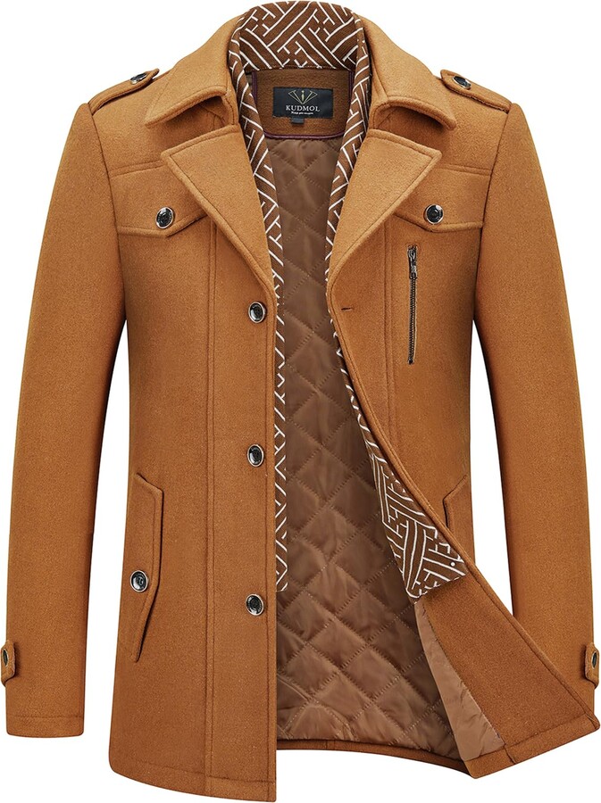 KUDMOL Men's Wool Trench Coat Knitted Scarf Collar Peacoat Winter Warm ...