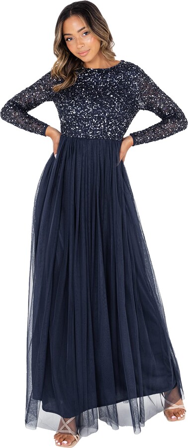 Maya Deluxe Women's Maya Embellished Long Sleeve Maxi Dress Bridesmaid ...