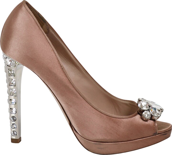 Miu Miu Crystal Embellished Peep Toe Platform Pumps in Nude Satin - ShopStyle