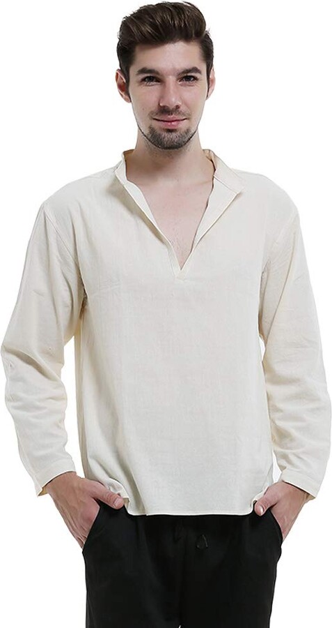 Cosplay.fm Men's Renaissance Medieval Linen Shirt V Neck Long Sleeve Pirate Top - Beige - Large ...