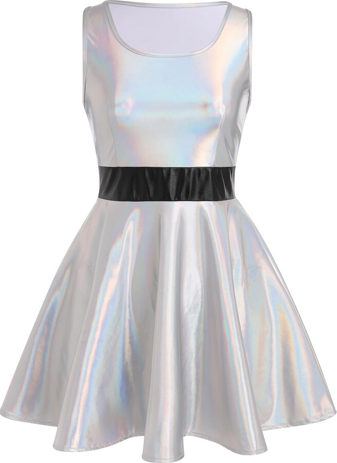 Odizli Women's Glitter Metallic Holographic Sleeveless Skater Mini ...