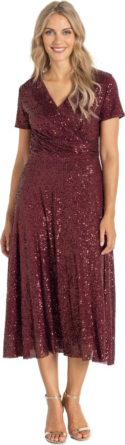 Klass - Short Sleeve Sequinned Midi Dress - Berry - 18 - ShopStyle