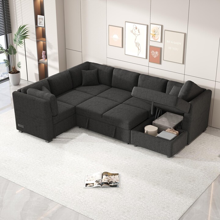 EOVTK 108.6" Modular Sectional Pull Out Sofa Bed with Storage Chaise ...