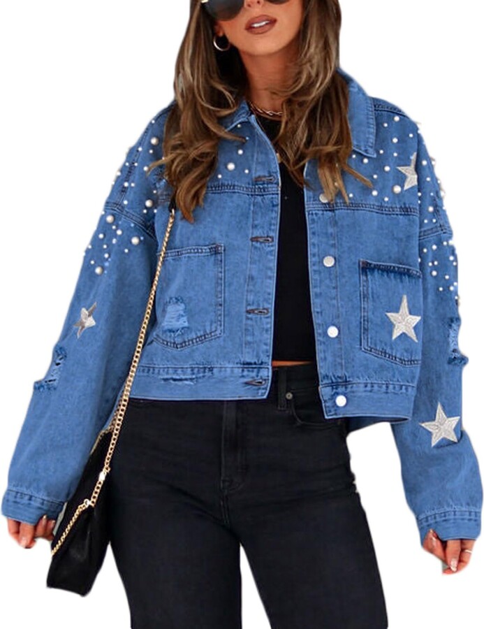 SADWF Women's Fashion Cropped Oversized Pearl Ripped Star Denim Jacket ...