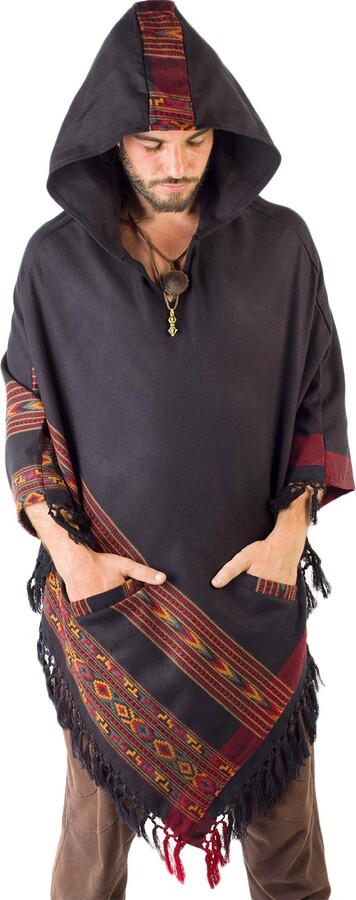 Mens Poncho Black Handmade YAK Wool with Large Hood and Pockets Jungle ...
