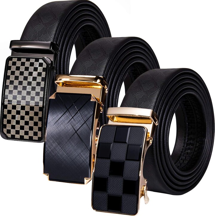 Barry.Wang Black Check Belt Set Genuine Leather Ratchet Buckle Fashion ...