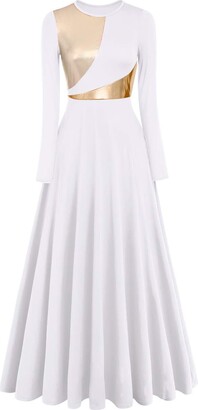 IMEKIS Women Metallic Gold Praise Dance Dress Color Block Belt Long ...