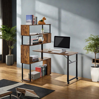 17 Stories L-Shaped Rotating Computer Desk with Bookshelf and Lockable ...
