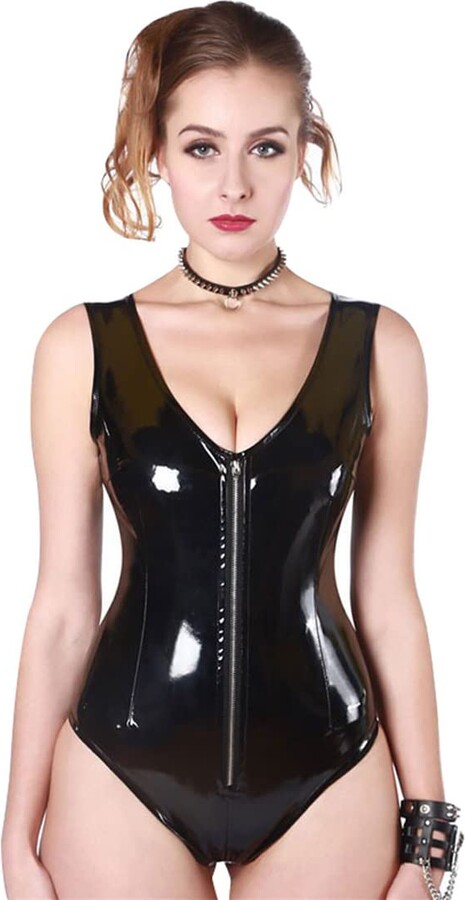 Whb Patent Leather Shapewear Zipper Open Crotch High Cut Bodysuit Women