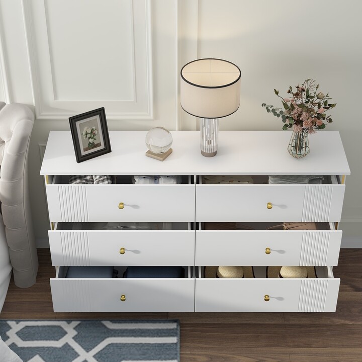 FUFU&GAGA White Lacquer Dresser 6 Drawer Dresser with Metal Handle and ...