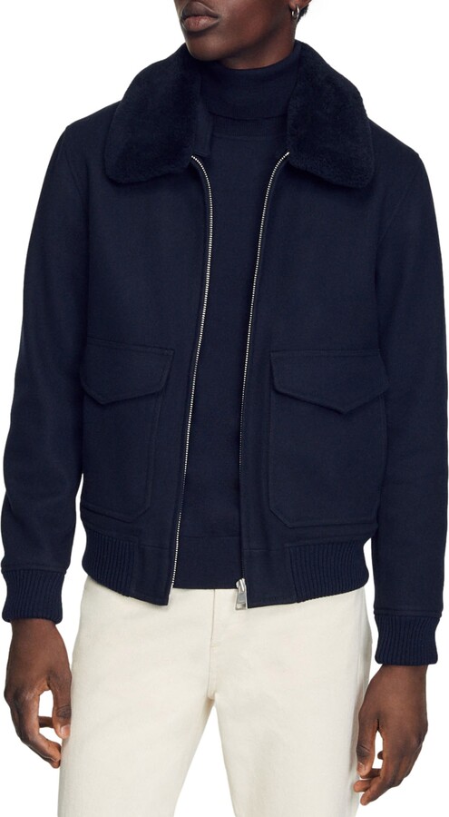 Sandro Aviator Genuine Shearling Collar Wool Blend Bomber Jacket ...