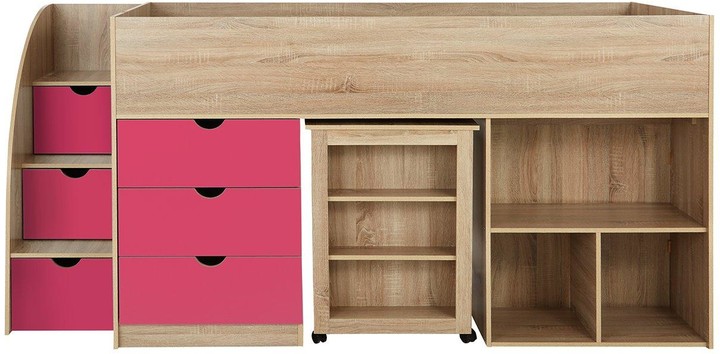 Mico Mid Sleeper Bed with Pull-Out Desk and Storage - Oak Effect/Pink ...