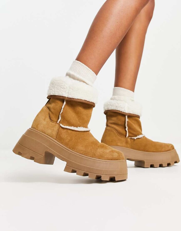 ASOS DESIGN Adriana suede chunky borg lined boots in chestnut - ShopStyle