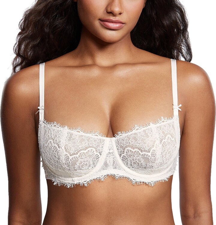 DOBREVA Women's Lace Balconette Bra Half Cup Non Padded Push Up Underwire Sheer Bras Coconut ...