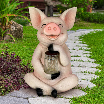 Trinx Garden Sculpture, Pig Solar Garden Statue With Glass Jar, 8 LED ...