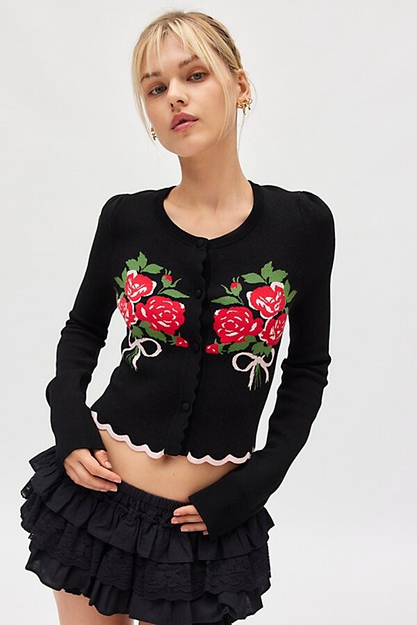 For Love & Lemons Donella Bouquets & Bows Knit Cardigan in Black - ShopStyle