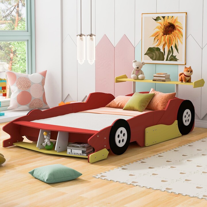 RASOO Red Full Size Cool Pine Wood Race Car Platform Bed with Rear Wing ...
