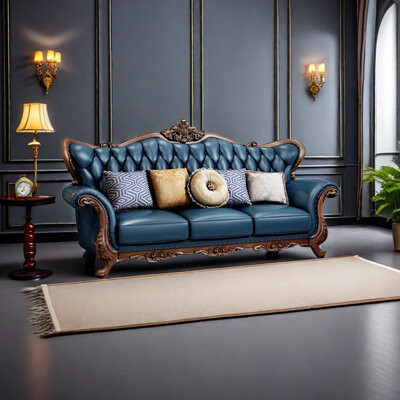 Romero European-style Solid Wood Carved Leather Sofa 94.4'' Genuine ...