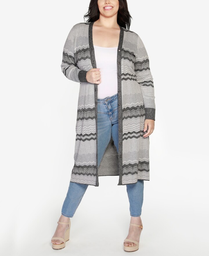 Belldini Black Label Plus Size Zig-Zag Jacquard Button-Front Duster ...