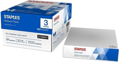 Staples Multiuse 8.5" x 11" Copy Paper 20 lbs 94 Brightness 500/RM 3 RM ...