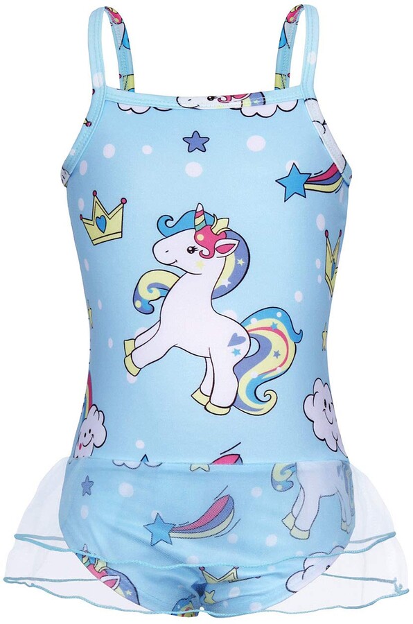 WonderBabe Girls Swimwear Rainbow Unicorn Print Ruffle One Piece ...
