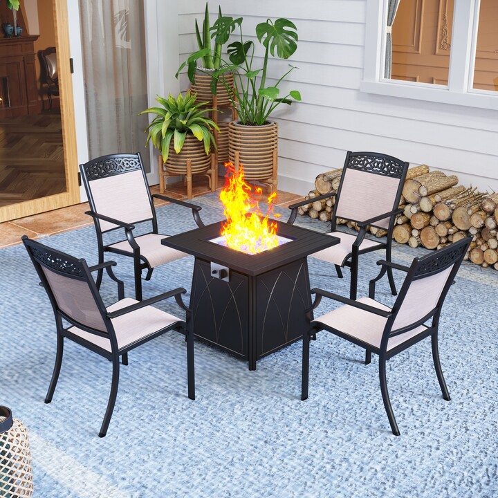 MakeYourDay 5 Pieces Patio Dining Sets with Fire Pit Table, 4 Aluminum ...