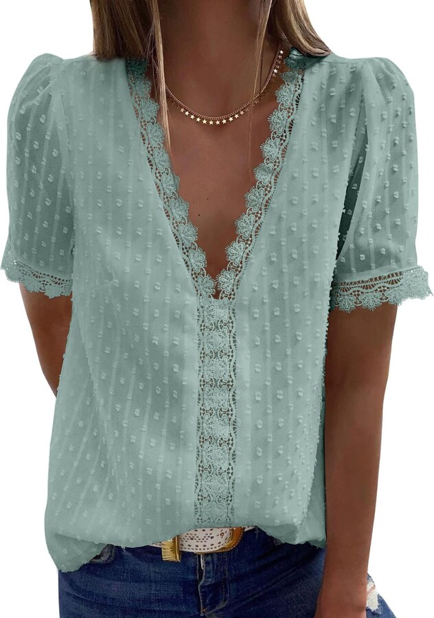 Reukree Womens V Neck Lace Crochet Short Sleeve Blouse Summer Tunic ...