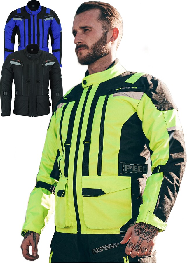 Texpeed Mens Motorcycle Jacket Waterproof Yellow Hi Vis Textile Cordura ...
