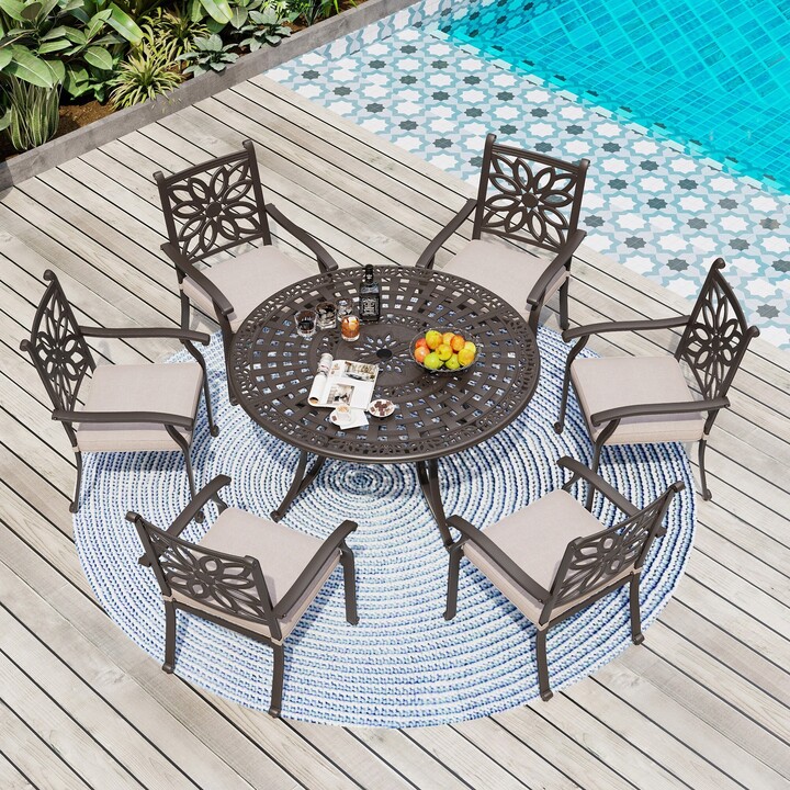 Cocam 7-Piece Cast Aluminum Patio Dining Set with Round Dining Table ...