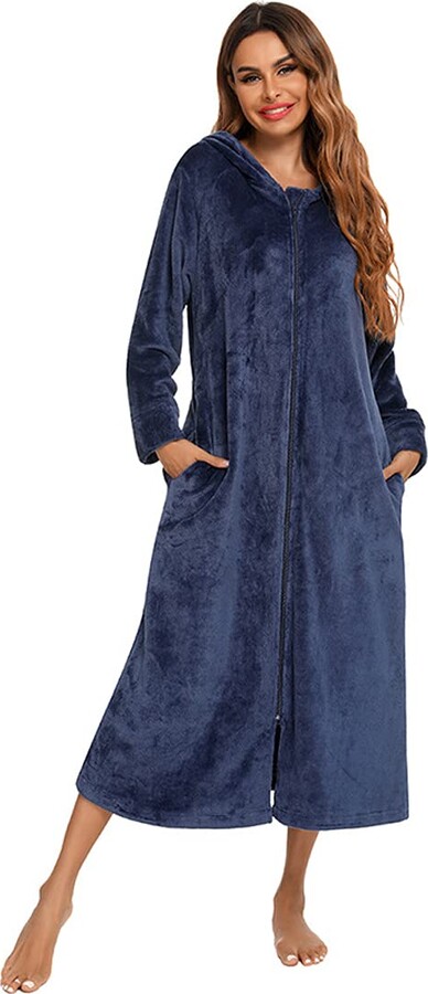 Verve Jelly Womens Bathrobe Long Zip Front Robes Flannel Hooded ...