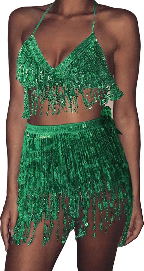 FeMereina Women´s Sexy Rave Fringe Belly Tassel Mini Skirt Dance and Sequins Bra Top Party Club ...