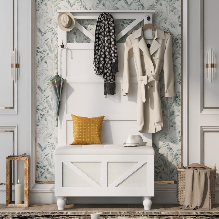 31.5"W Hall Tree with 5 Hooks , Coat Hanger, Entryway Bench, Storage ...