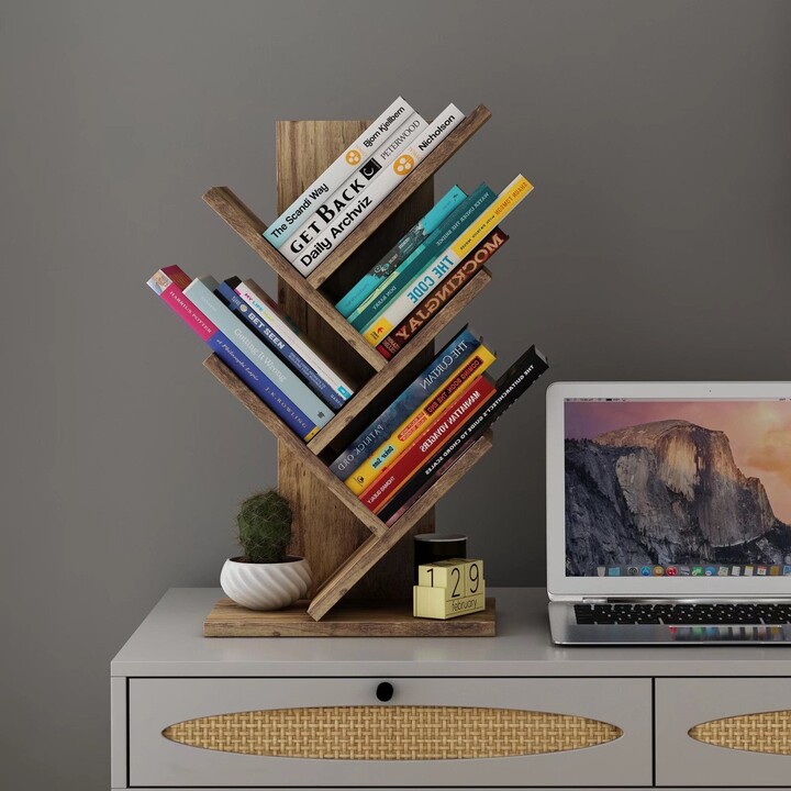 Mieres Tree Bookshelf 4-Tier Book Shelf Organizer Wood Display Rack ...