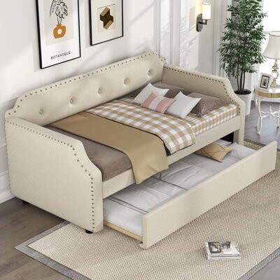 Lark Manor Lefancy Upholstered Daybed with Trundle, Wood Slat Support ...