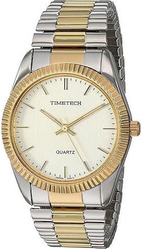 TIMETECH Men' Two Tone Expanion Watch with Stretch Bracelet and Ribbed Coin Edge Bezel - ShopStyle