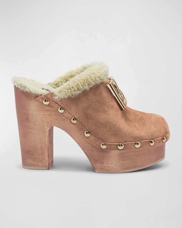 Dolce & Gabbana Suede Shearling Medallion Platform Clogs - ShopStyle