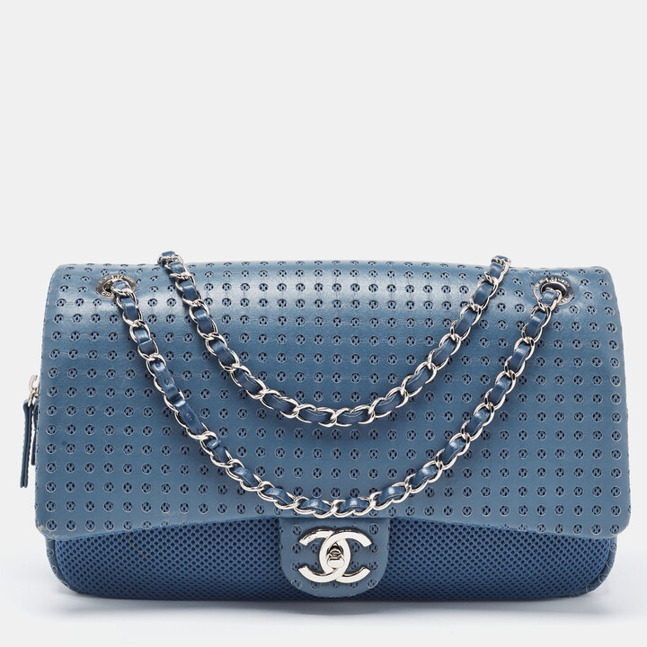 Chanel Blue Perforated Leather And Fabric Jumbo Easy Flap Bag - ShopStyle